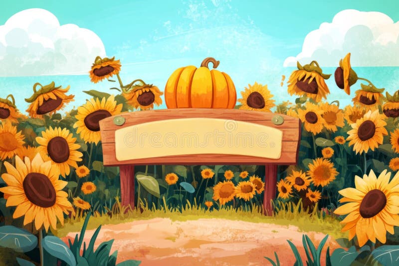 Pumpkin and Sunflower Field with Blank Sign Stock Illustration ...