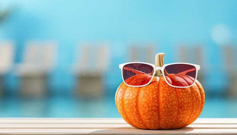 Pumpkin with Sunglasses on a Wooden Table in Front of Swimming Pool ...