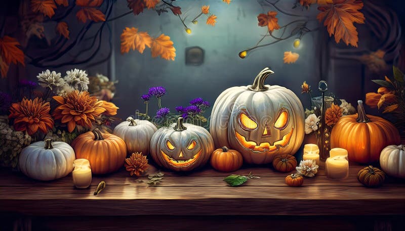 Pumpkin Tabletop Display - Multiple Pumpkins of Different Sizes and ...