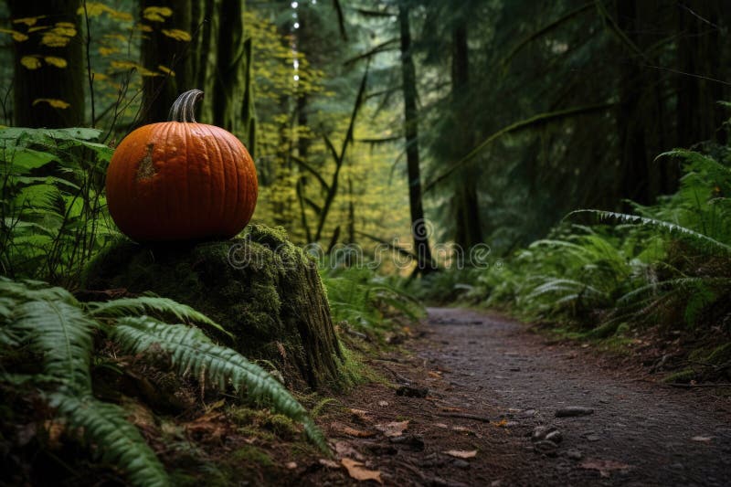 A Pumpkin by a Trail Edge in a Forest Setting Stock Image - Image of ...