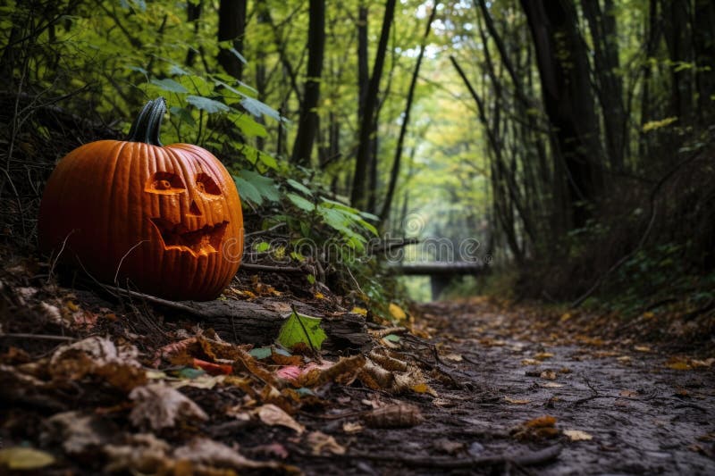 A Pumpkin by a Trail Edge in a Forest Setting Stock Photo - Image of ...