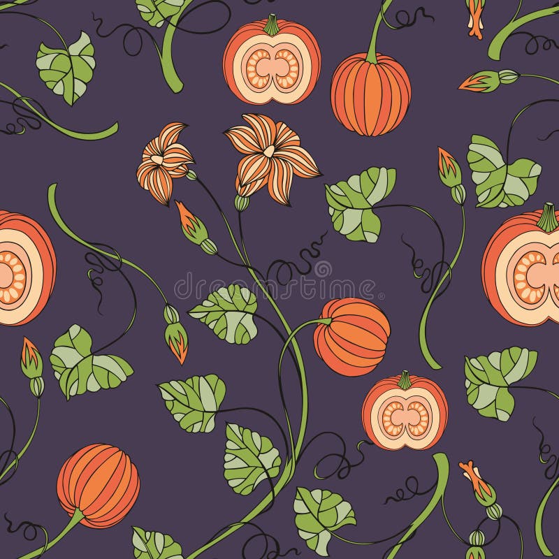 Pumpkin. Vector Seamless Pattern with Pumpkins and Stylized Branches Stock Vector - Illustration ...