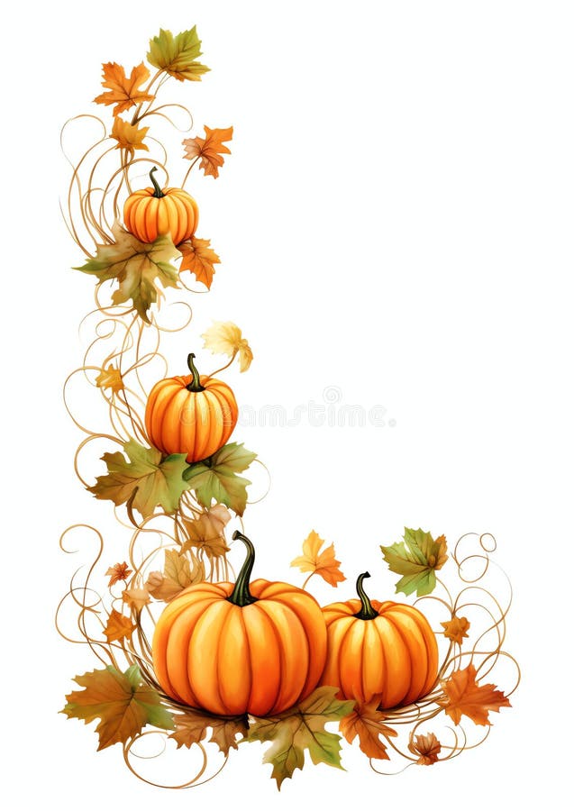 Pumpkin Vines and Leaves Watercolor Border Frame Stock Illustration ...