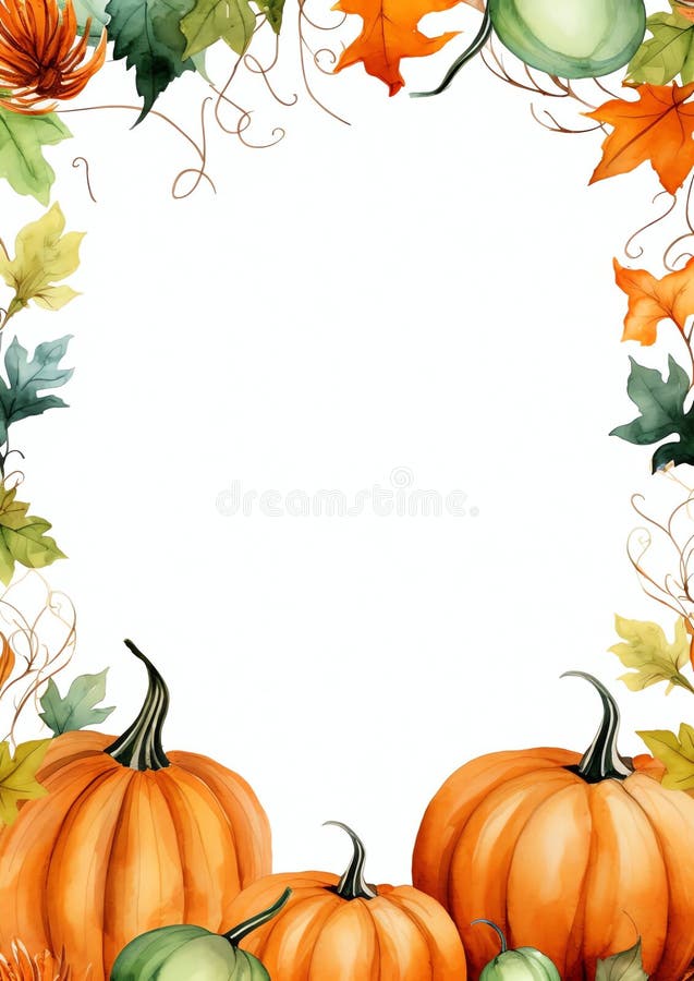 Pumpkin Vines and Leaves Watercolor Border Frame Stock Illustration ...