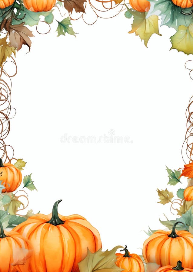 Pumpkin Vines and Leaves Watercolor Border Frame Stock Illustration ...