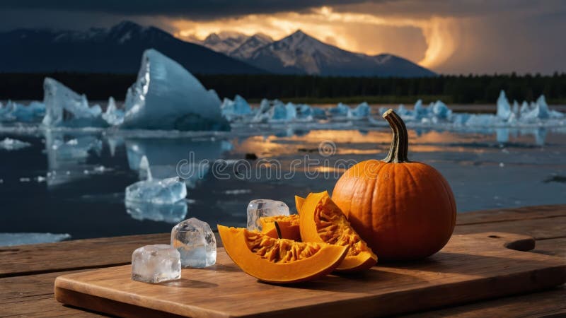Autumn Pumpkin on Wooden Board with Glacier Background Stock ...