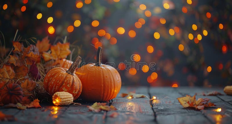 Pumpkins and Fall Leaves on a Rustic Wooden Table with Warm String ...