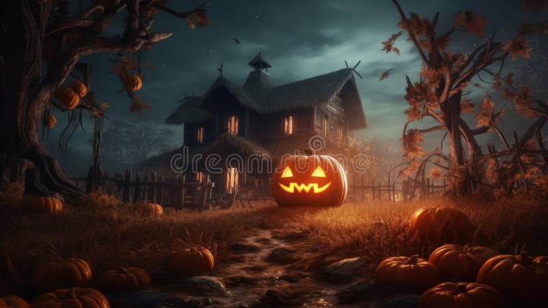Pumpkins on a Farm in a Scary Halloween Night Stock Illustration ...
