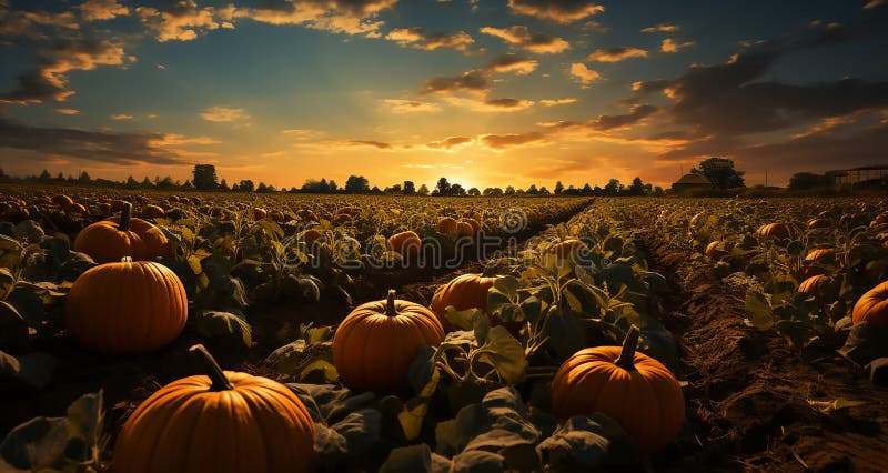 Pumpkins on the Ground in Front of a Sunset in the Field. Group of ...