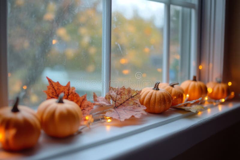 Pumpkins and Leaves Adorned with String Lights on a Windowsill Stock ...
