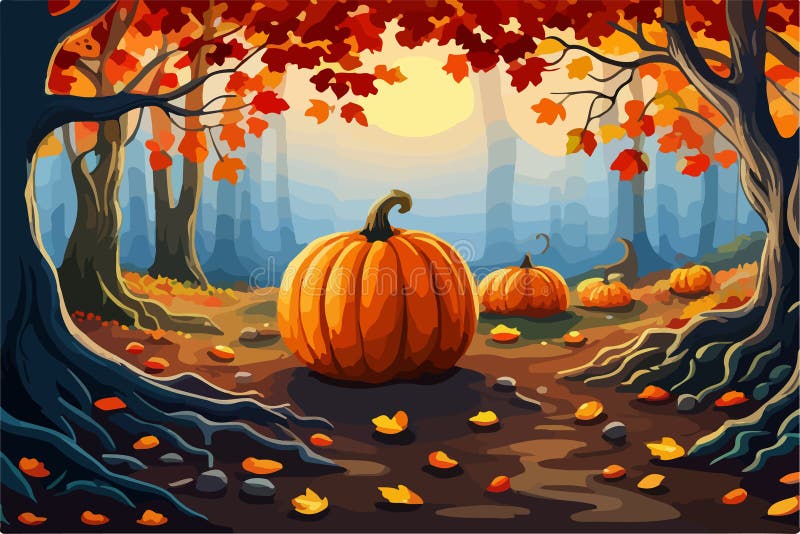 Pumpkins Lie on the Ground Under a Tree Against the Backdrop of an ...