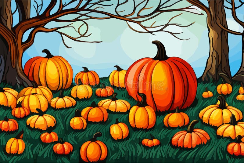 Pumpkins Lie on the Ground Under a Tree Against the Backdrop of an ...