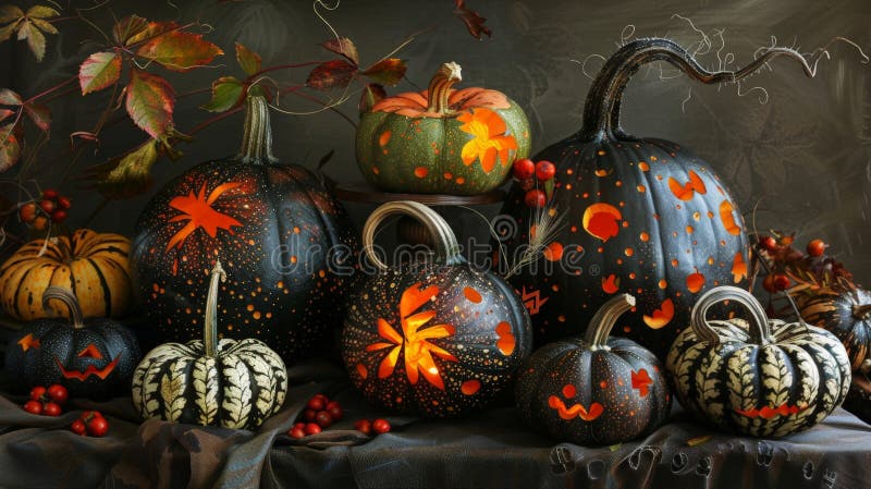 Pumpkins Painted Assorted Designs Stock Photo - Image of displayed ...