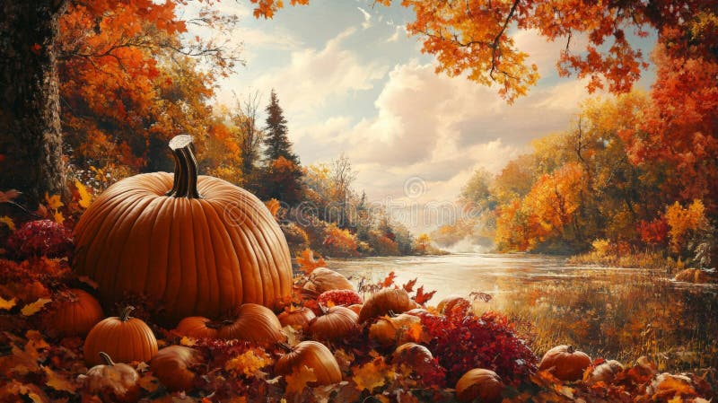 Pumpkins Resting among Fall Foliage and a Tranquil Stream Stock ...