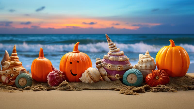Pumpkins and Seashells on the Seashore at Sunset. Generative Ai Stock ...