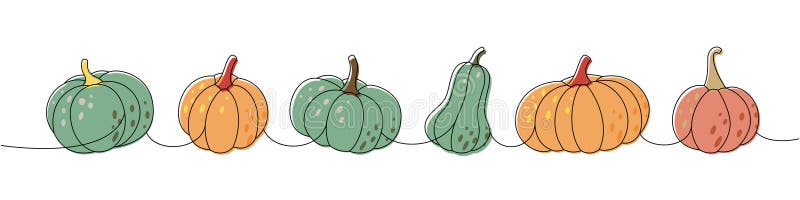 Pumpkins Set. Autumn Halloween Pumpkins One Line Colored Continuous ...