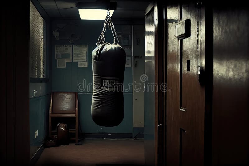 Punching Bag, Hanging in Dimly-lit Gym, with View of the Locker Room ...