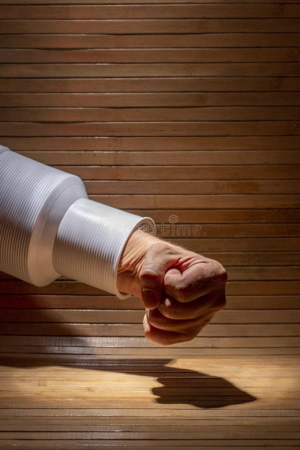 Punching a Man`s Fist on a Wooden Table Stock Image - Image of light ...