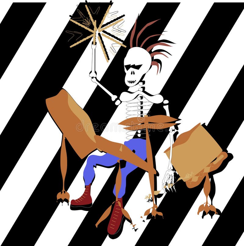 Punk Rock Hand Drawing Vector Mohican Skeleton Playing the Drums Stock ...