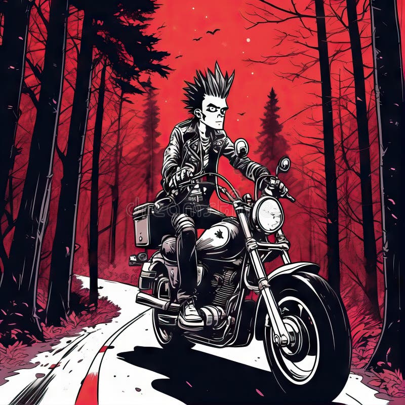Punk Rocker Riding Motorcycle in Forest at Night Stock Image - Image of ...