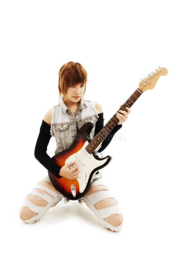 Punk Rockstar Holding a Guitar Kneeling Stock Photo - Image of female ...