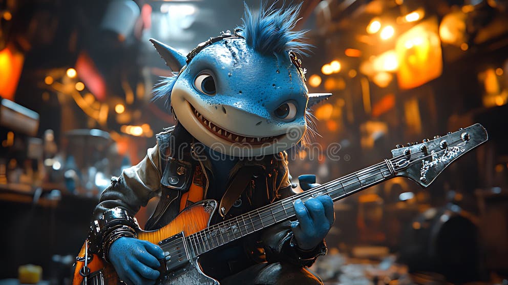 Punk Shark Rocker Plays Guitar in Workshop Stock Illustration ...