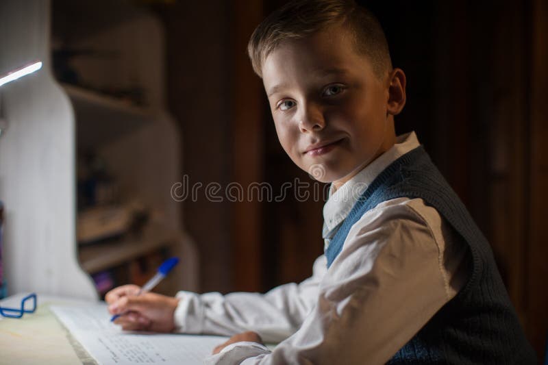 Pupil Boy Does His Homework Stock Photo - Image of elementary ...