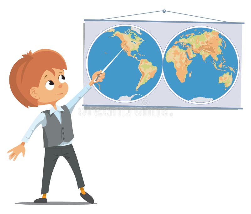 The Pupil in the Classroom Stands Near the World Map Stock Vector ...