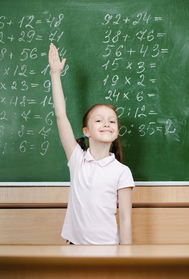 Portrait Happy Girl Resolving Complex Math Problem on Blackboard Stock ...