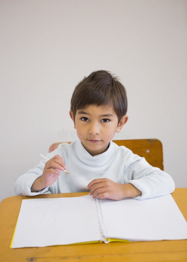 Pupil Writing in Notepad at His Desk Smiling at Camera Stock Image ...