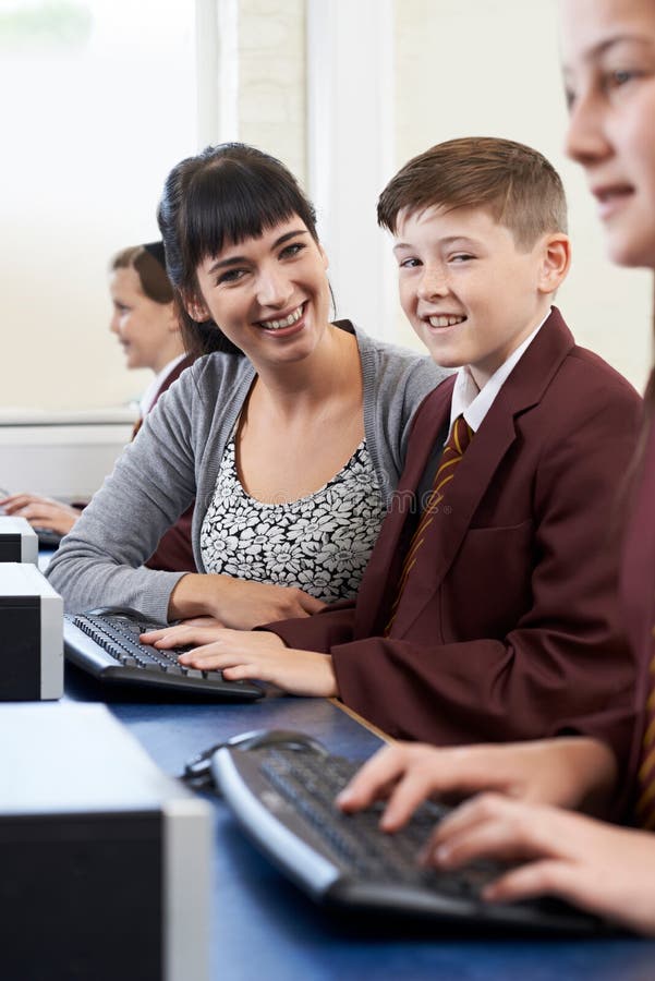 Pupils in Computer Class with Teacher Stock Photo - Image of happy ...
