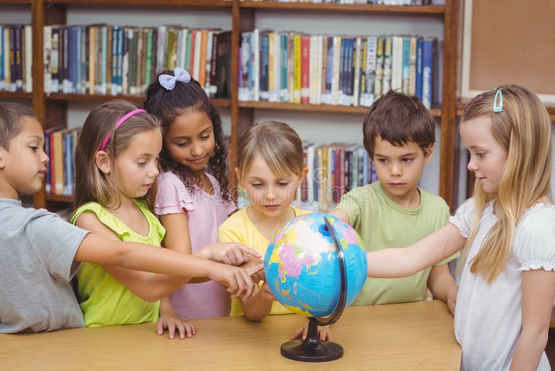 Pupils in Library Pointing To Globe Stock Photo - Image of medium, cute ...