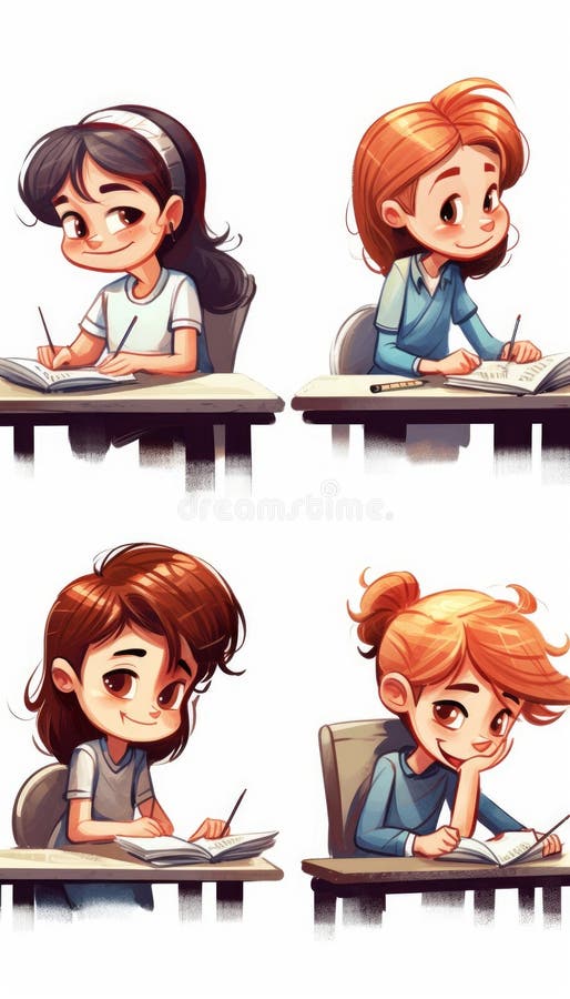 4 Pupils Sitting on a School Desk on White Background Generative AI ...