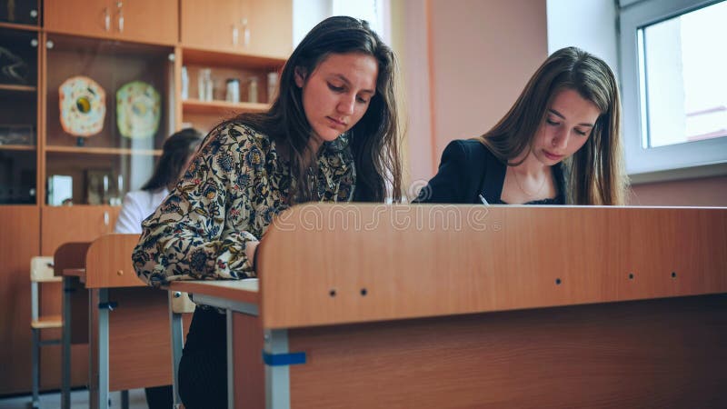 Pupils of the 11th Grade in the Class at the Desks during the Lesson ...