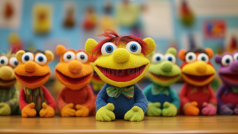 Colorful Puppet Characters Arranged in a Cheerful Classroom Setting ...
