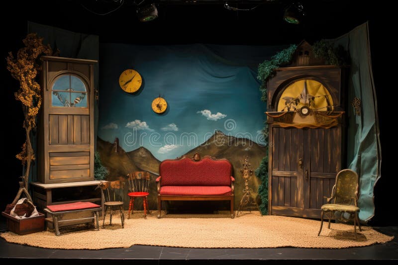 Puppet Stage Set with Miniature Props and Backdrops Stock Illustration ...