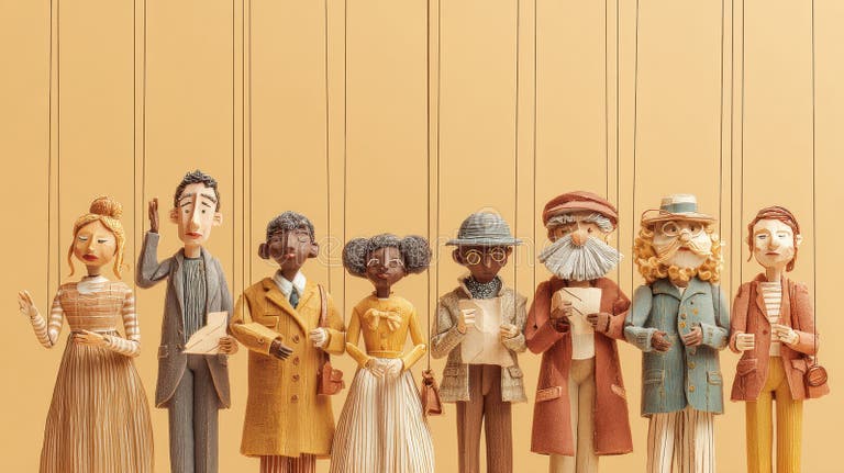 Puppets on Strings Depict a Scripted Conversation Against an Abstract ...