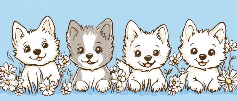 Puppies of Various Breeds Playfully Interact among Colorful Flowers ... Puppies of Various Breeds Playfully Interact among Colorful Flowers ...