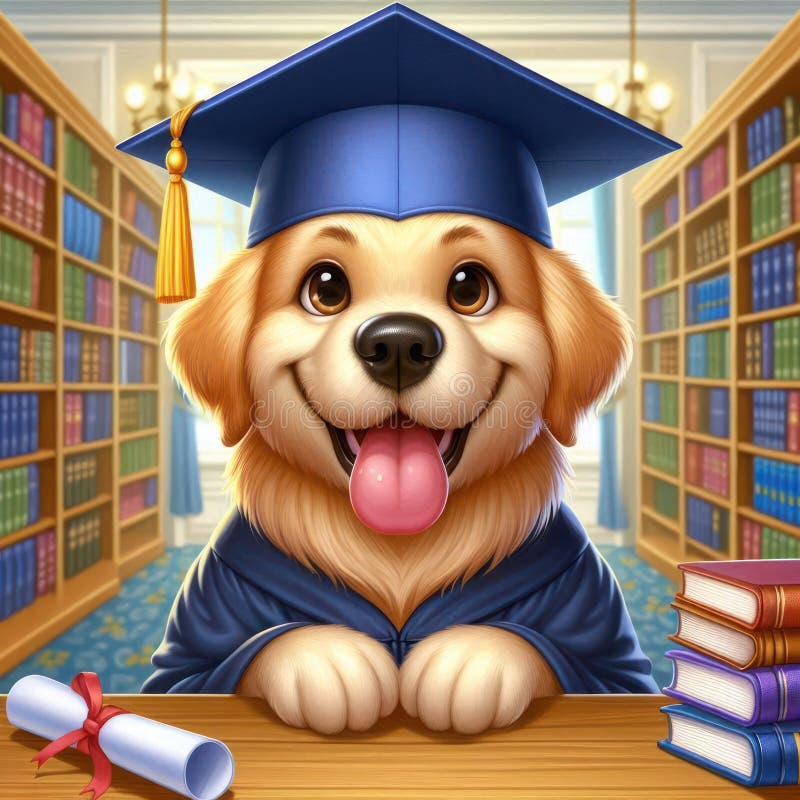 A Puppy in an Academic Cap in the Library. Stock Photo - Image of books ...