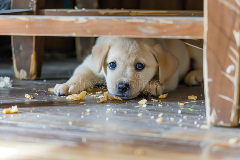 Puppy Beneath a Table, Hiding from a Mess it Made Stock Image - Image ...