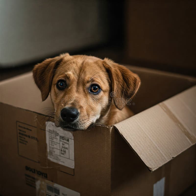 A Puppy in a Box with a Sad Look. Stock Image - Image of emotion, gaze ...