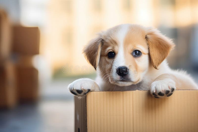 Puppy in Cardboard Box stock illustration. Illustration of apartment ...