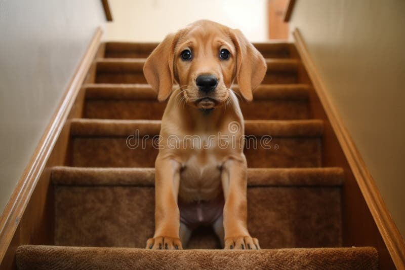 Puppy Cautiously Approaching First Stair Step Stock Image - Image of ...