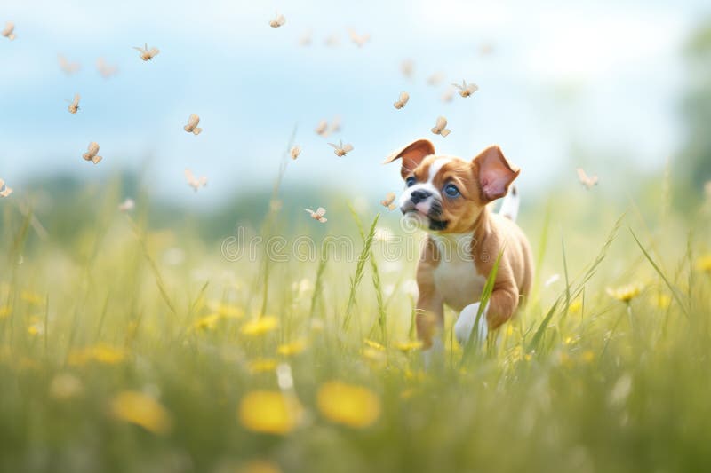 Puppy Chasing Butterflies in a Meadow Stock Image - Image of playtime ...