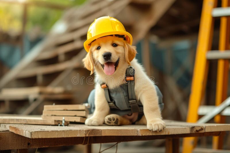 Puppy in Construction Helmet at a Building Site Stock Image - Image of ...