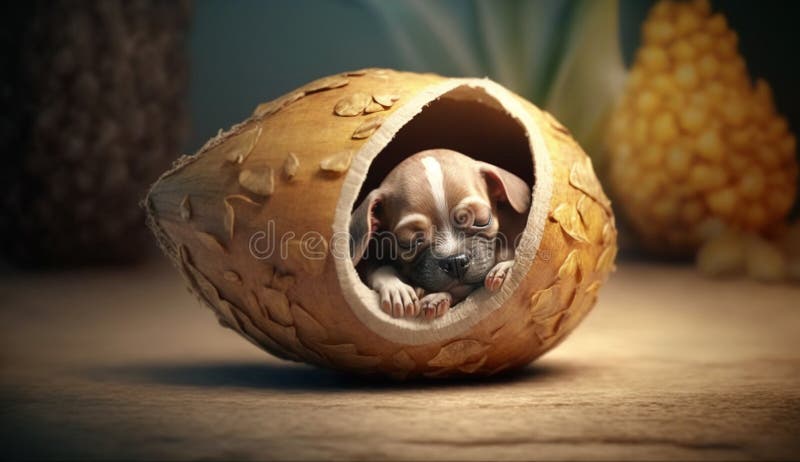 Puppy Dog Sleeping Inside Half Coconut Nut. Generative AI Stock ...