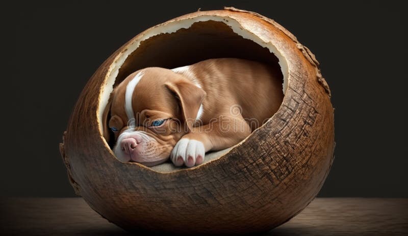 Puppy Dog Sleeping Inside Half Coconut Nut. Generative AI Stock ...