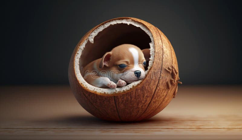 Puppy Dog Sleeping Inside Half Coconut Nut. Generative AI Stock ...