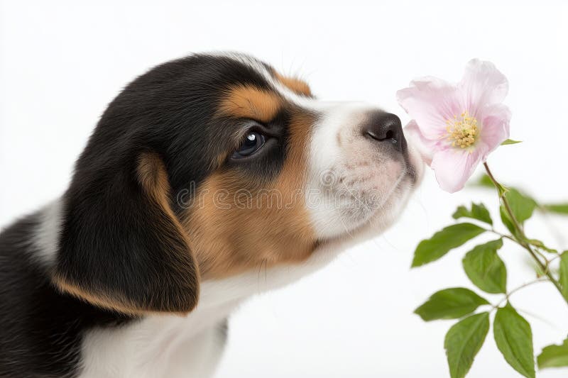 Puppy Dog Sniffing a Flower Stock Illustration - Illustration of animal ...