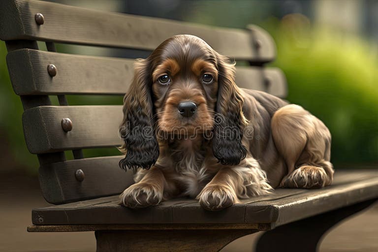Puppy English Cocker Spaniel Resting on a Park Bench Stock Illustration ...